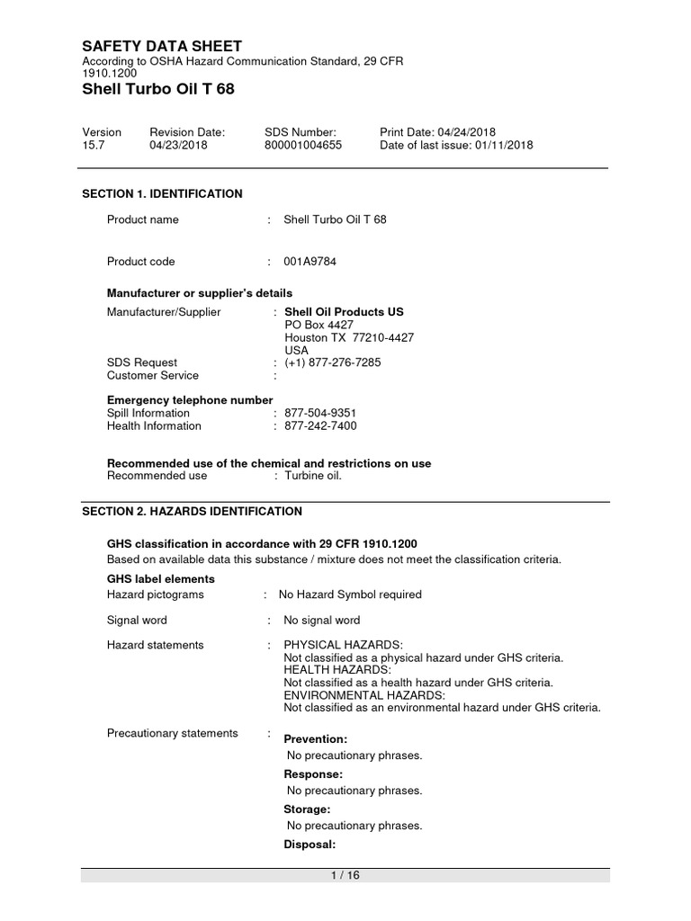Shell Turbo Oil T 68 MSDS | PDF | Safety | Occupational Safety And Health