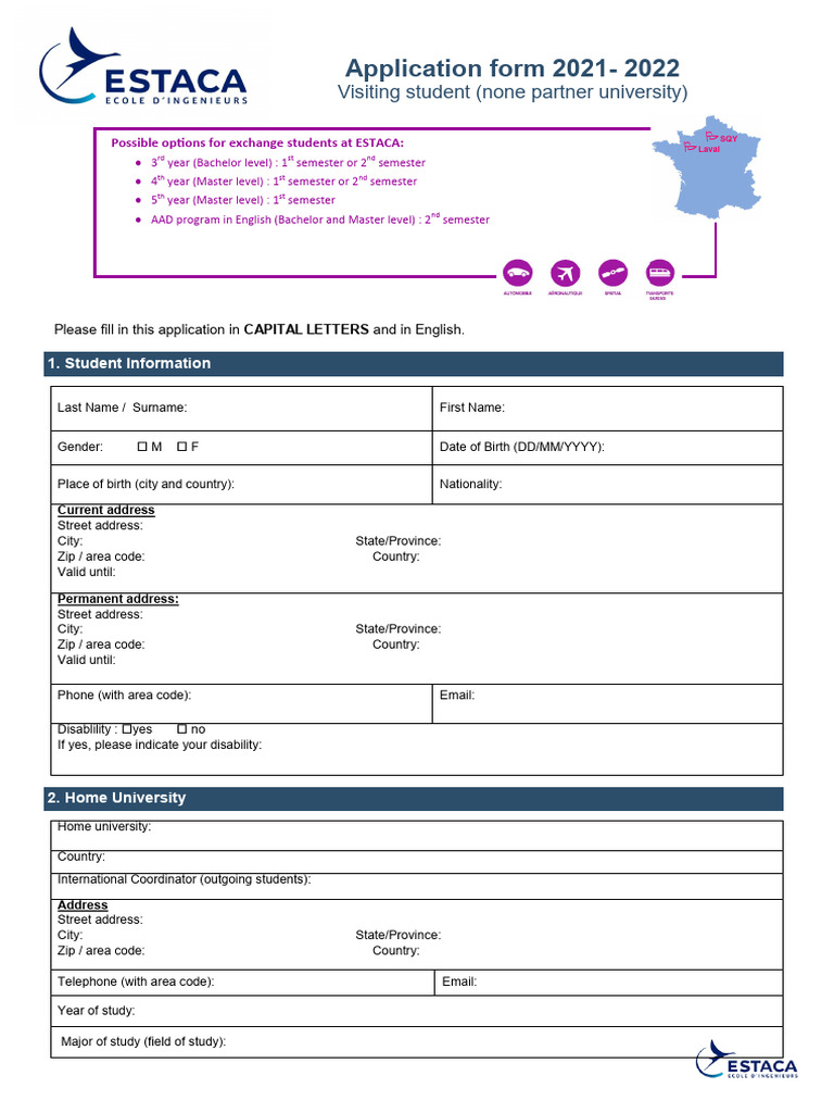 ESTACA Visiting Student Application 2021-2022 | PDF | Aeronautics