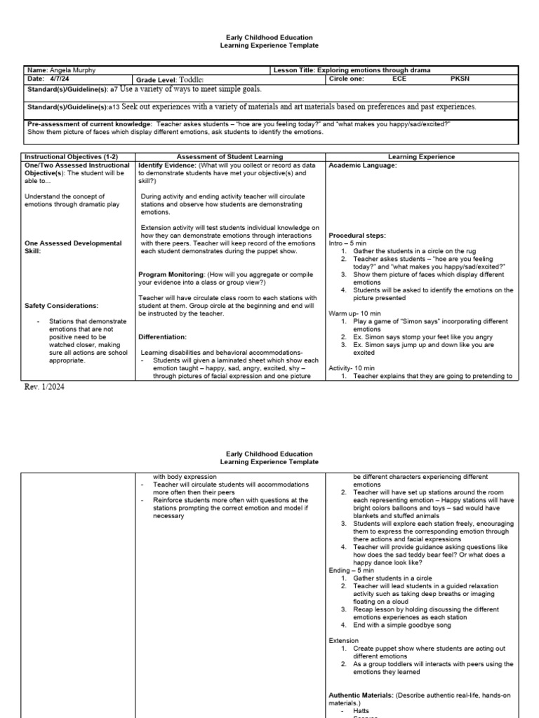 Ece Lesson Plan Template Drama Toddlers | PDF | Emotions | Teachers