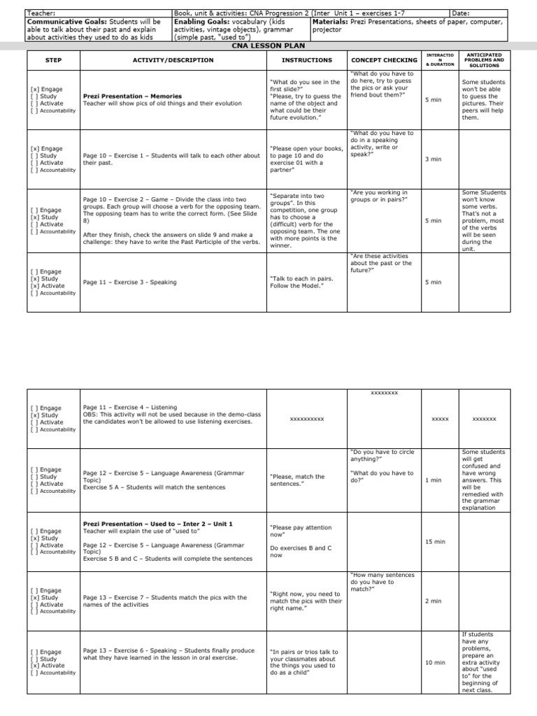 CNA Lesson Plan: Past Activities | PDF | Verb | Behavior Modification