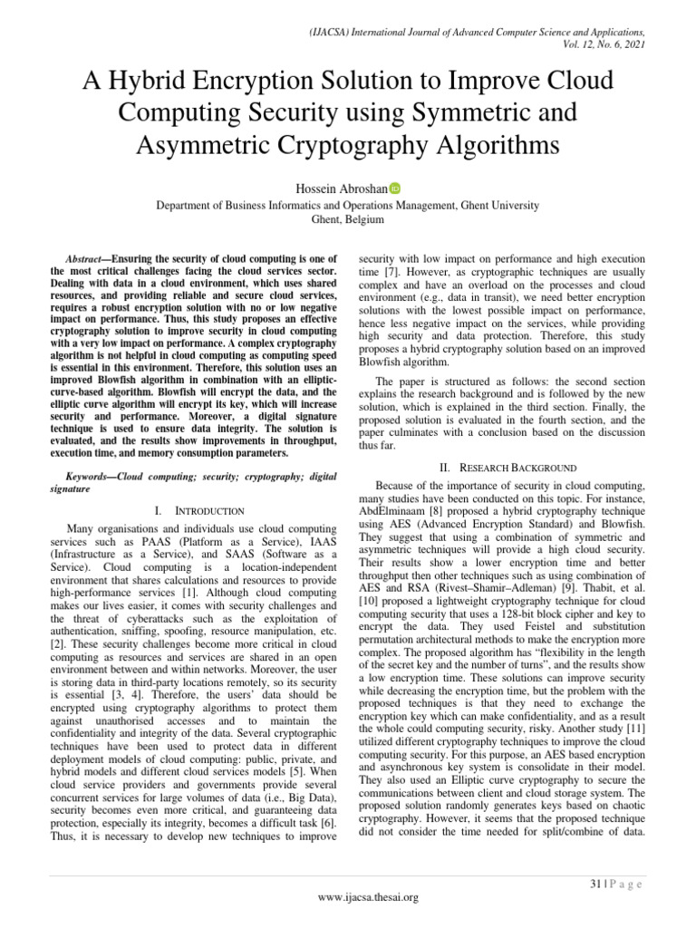 Paper 4 A Hybrid Encryption Solution To Improve Cloud Computing Download Free Pdf