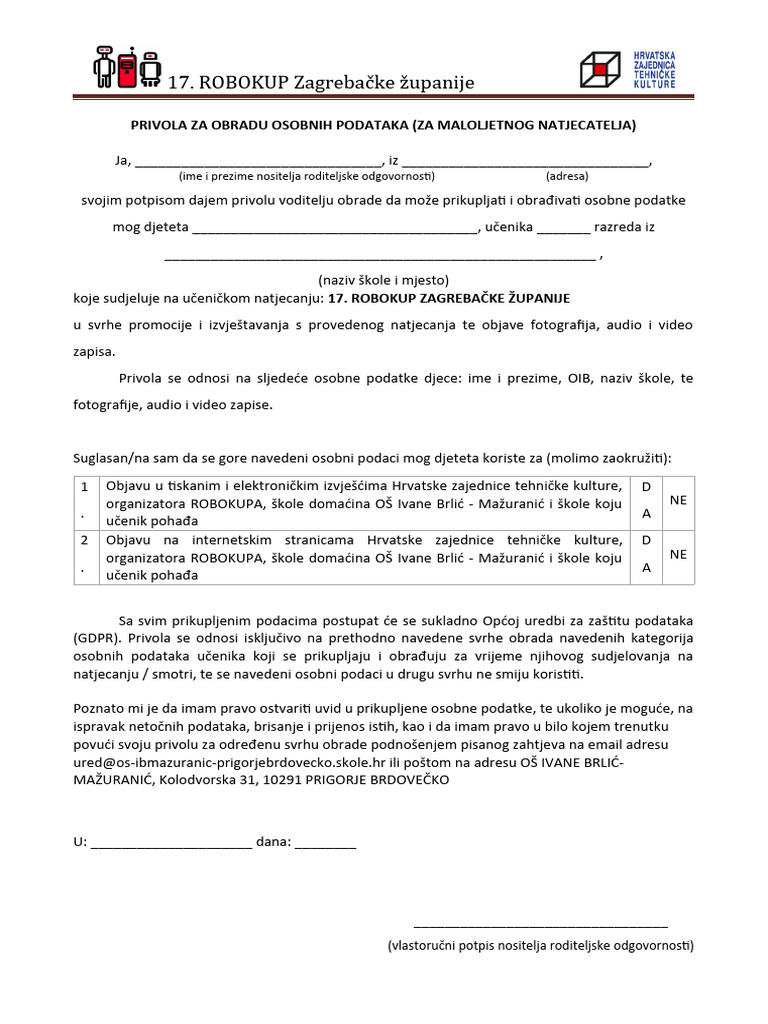 Privola Roditelja 17-Robokup | PDF