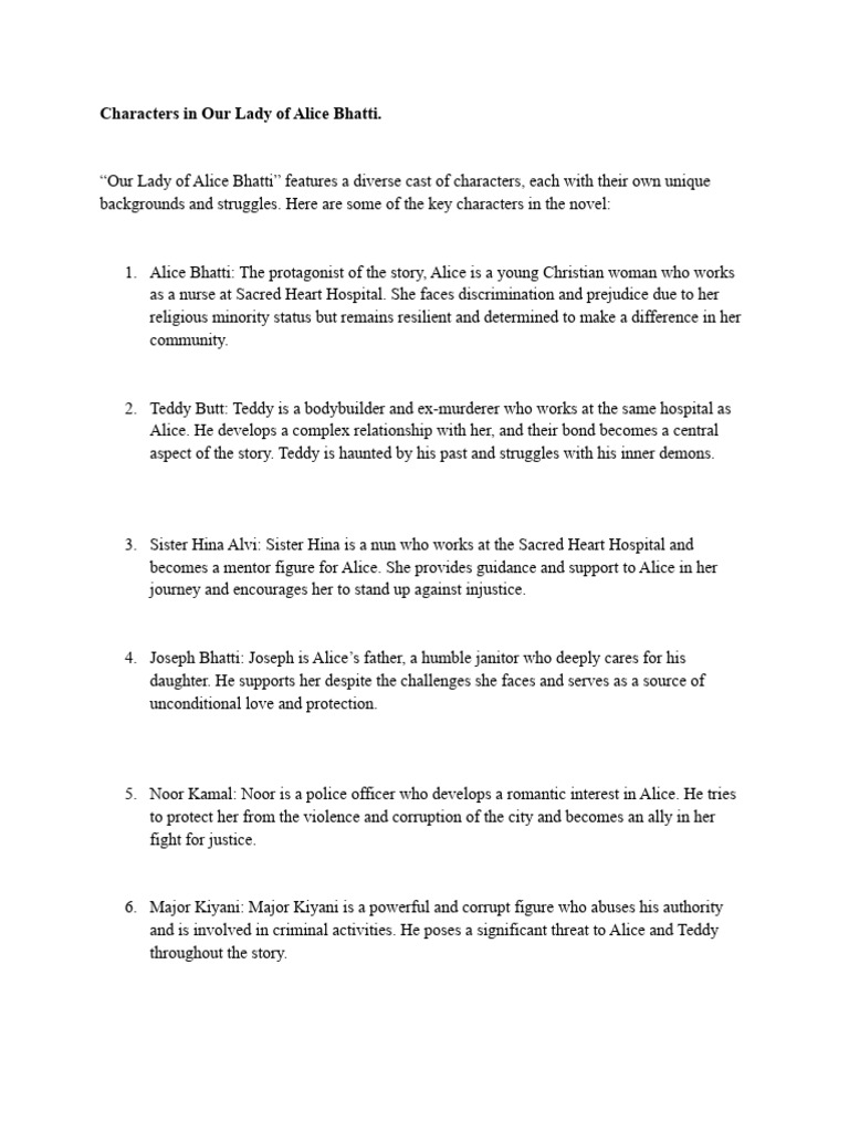 Key Characters in Our Lady of Alice Bhatti | PDF