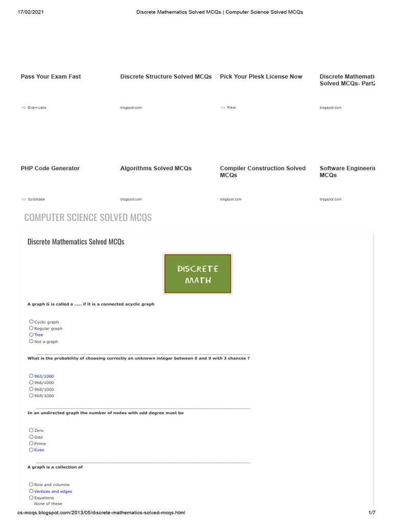 Discrete Mathematics Solved Mcqs Computer Science Solved Mcqs Pdf Vertex Graph Theory