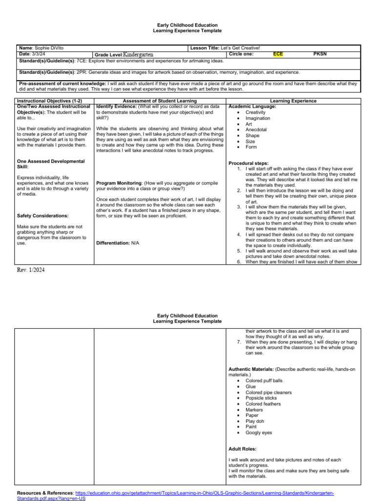 Creative Art Lesson Plan for Kindergarten | PDF | Experience | Learning