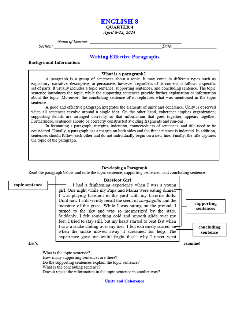 LAS - MELC 4 - Writing Effective Paragraphs | PDF | Paragraph | Infection