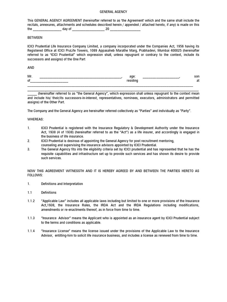 General Agency Agreement | PDF | Trade Secret | Indemnity