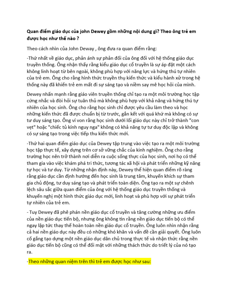 Quan điểm giáo dục của john Dewey gồm những nội dung gì | PDF