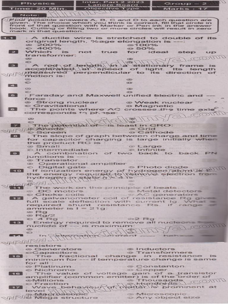Past Paper 2023 Lahore Board Inter Part II Physics Group II Objective ...