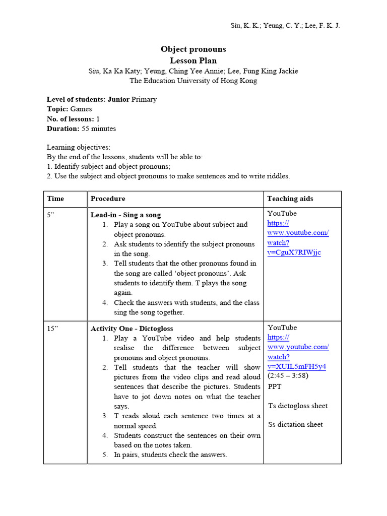 Object Pronouns - Lesson Plan Final | PDF | Linguistics | Syntax