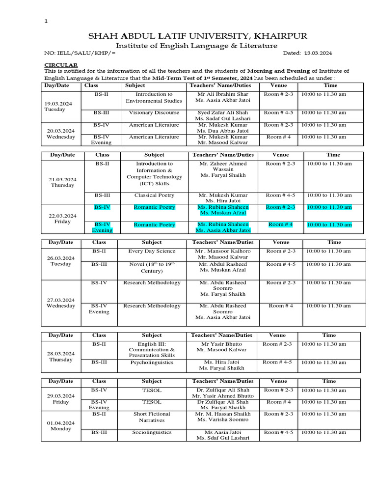 Mid Term Time Table For The 1st Semester 2024 | Download Free PDF | Linguistics | Human ...
