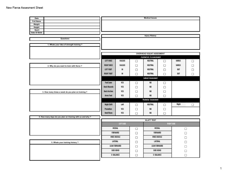 New Fierce Assesment Sheet - PAGE 1 | PDF | Knee | Foot