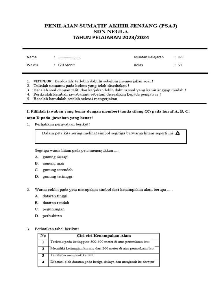 Soal PSAJ IPS Kelas VI 2023/2024 | PDF