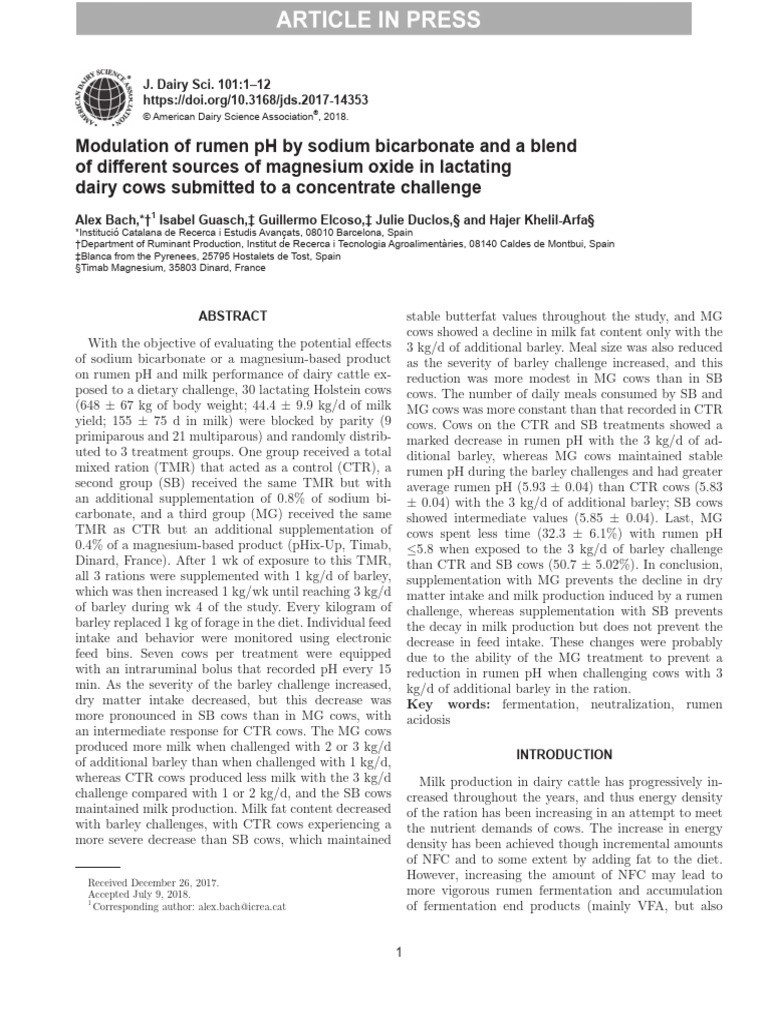 Modulation Rumen PH Sodium Biacrbonate Blend Different Sources ...