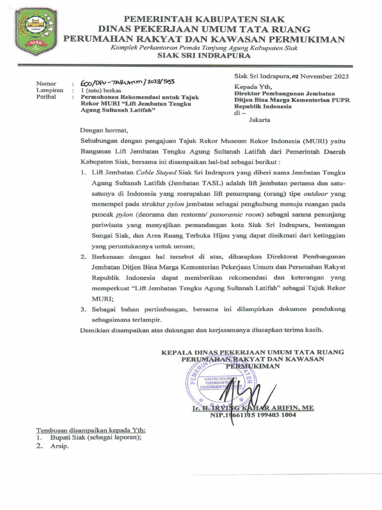 Permohonan Rekomendasi Untuk Tajuk Rekor MURI Lift Jembatan Tengku Agung Sultanah Latifah - 0001 ...