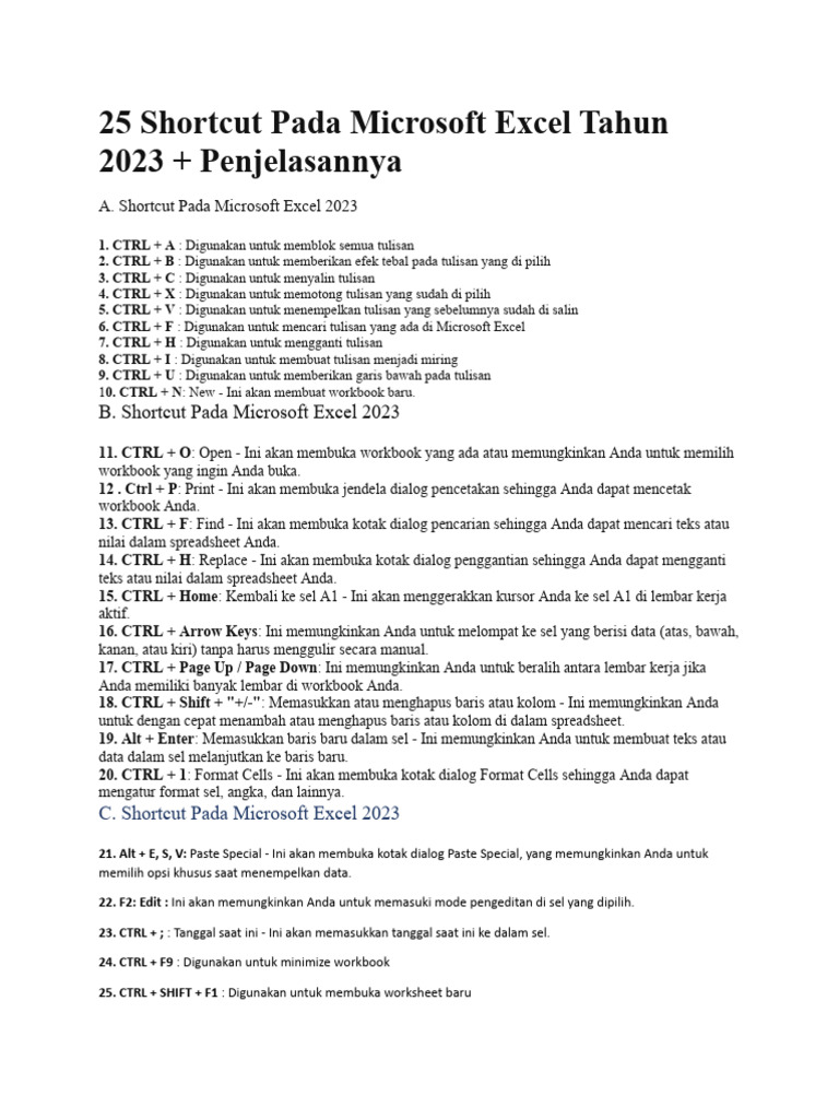 25 Shortcut Excel 2023 dan Fungsinya | PDF
