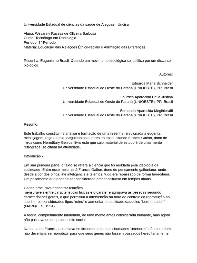 Resenha - Eugenia No Brasil | PDF | Racismo | Discriminação e Relações ...
