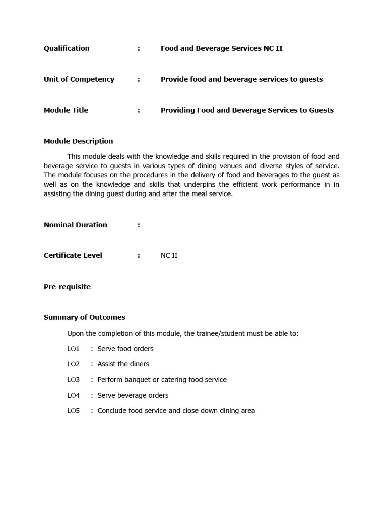Module Core 4 LO1 | PDF | Tableware | Buffet
