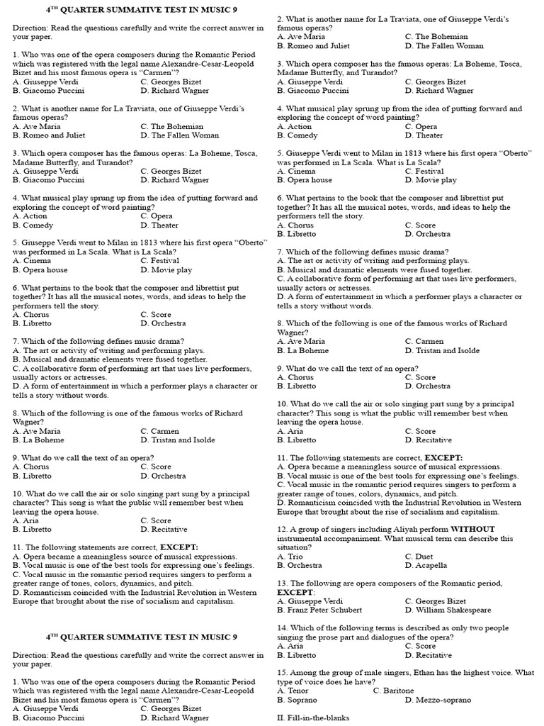 4th Quarter Summative Test in Music 9 | PDF | Opera | Carmen