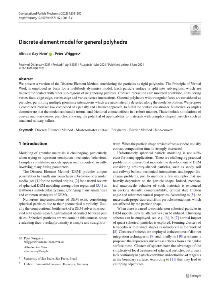 Discrete Element Model For General Polyhedra - s40571-021-00415-z | PDF | Rotation | Kinematics