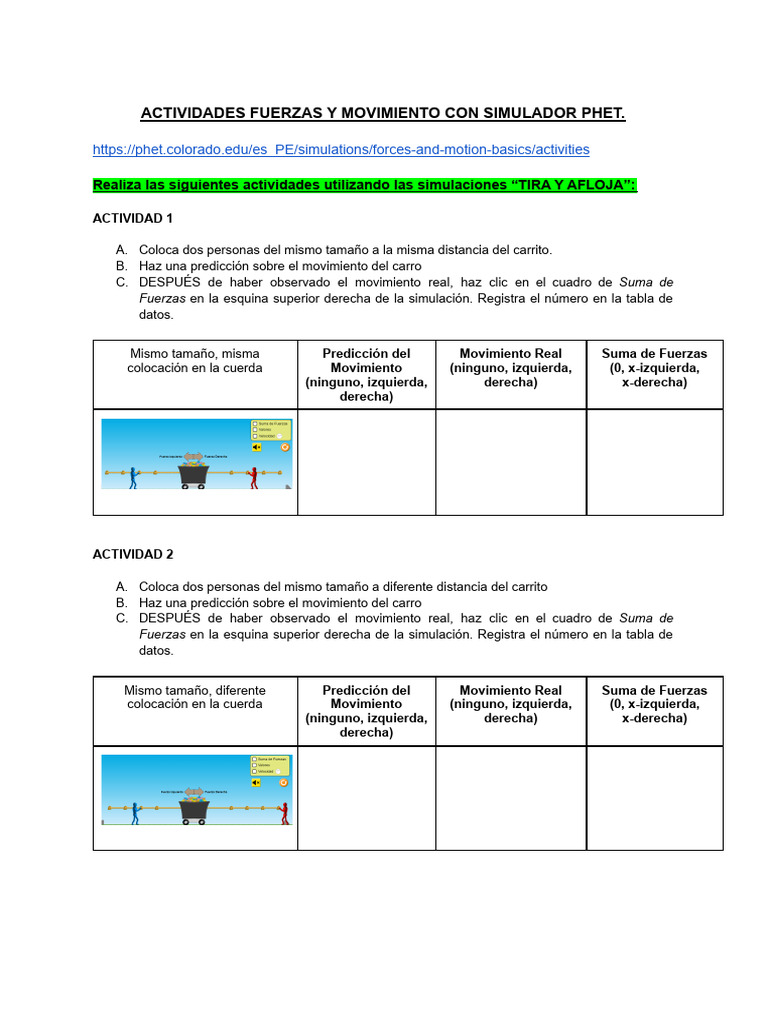 Actividades de Fuerzas y Movimiento PHET | PDF | Fuerza | Masa