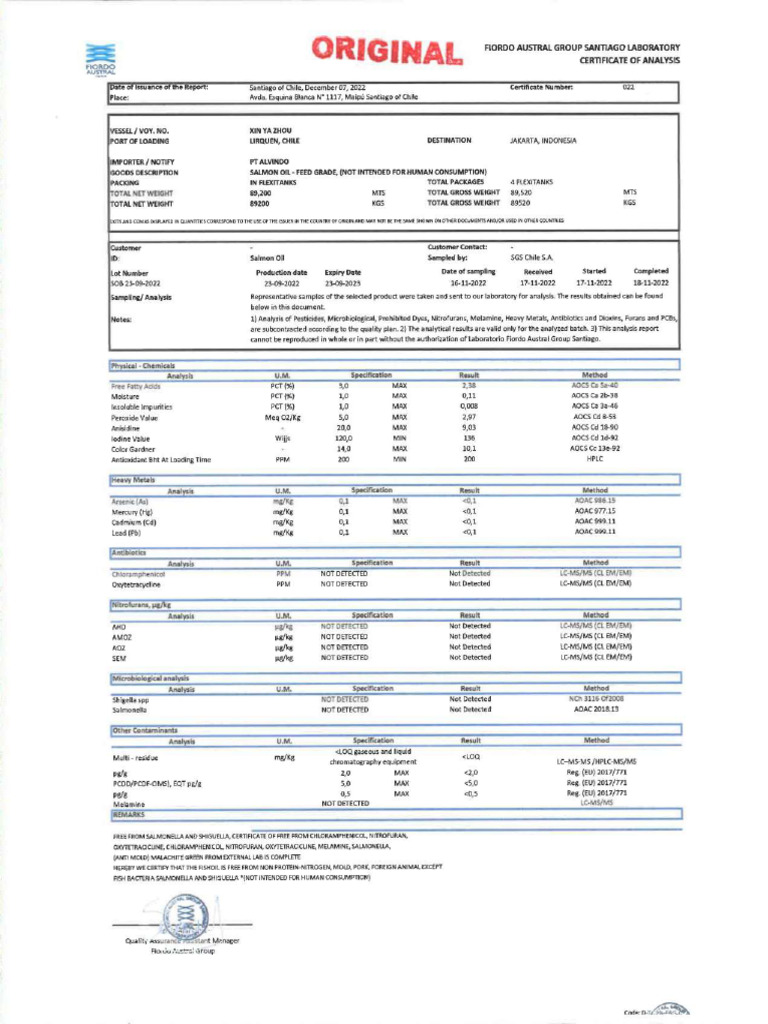 Contoh COA FISH OIL - 89.2 MT - JAKARTA - PO-22210002 - Compressed | PDF