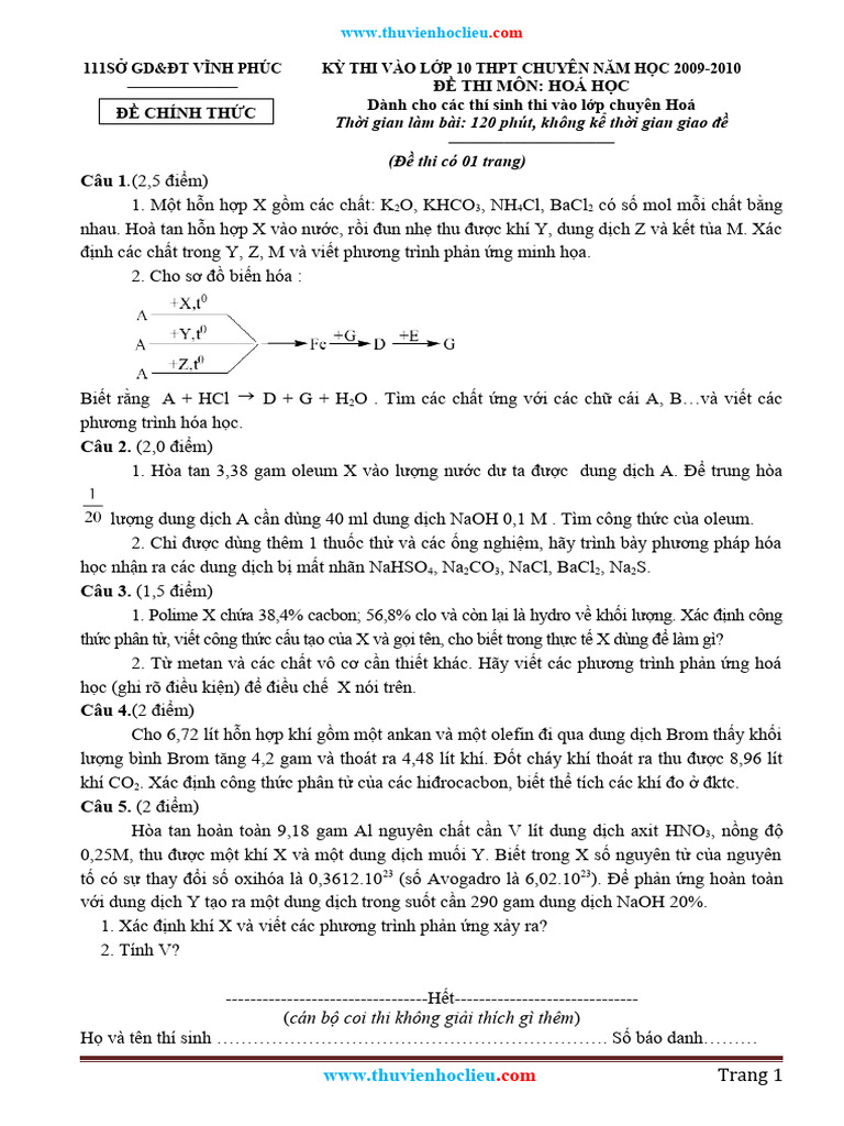 35 de Thi Tuyen Sinh 10 Mon Hoa Chuyen | PDF