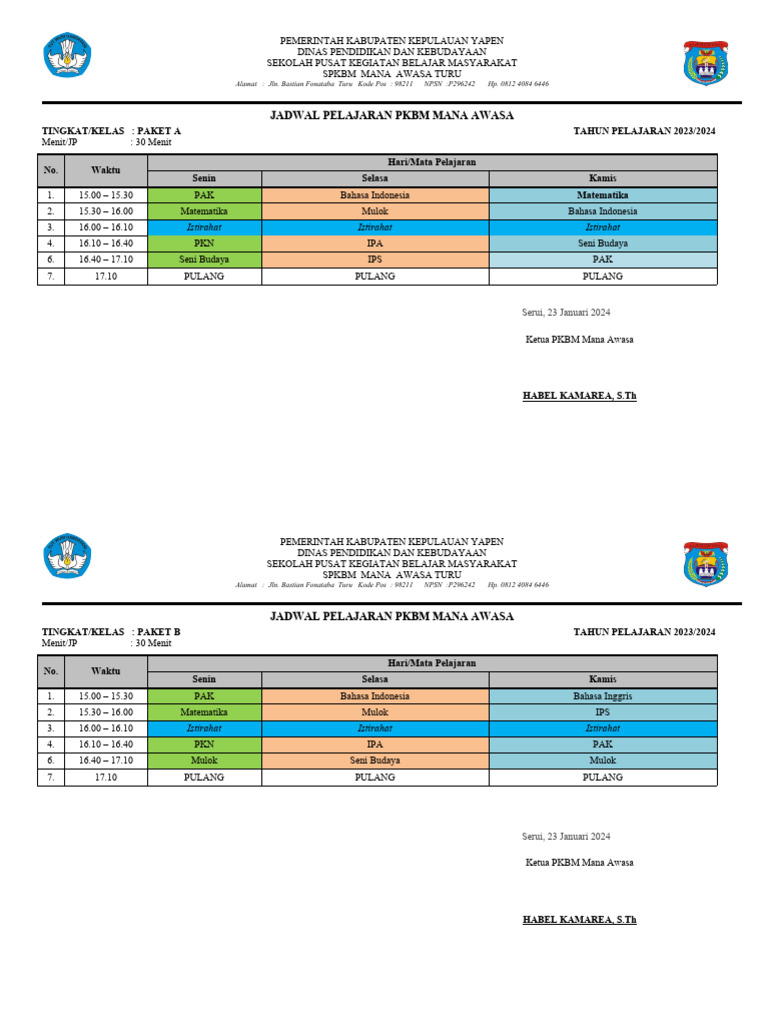 Jadwal Pembelajaran PKBM Mana Awasa | PDF