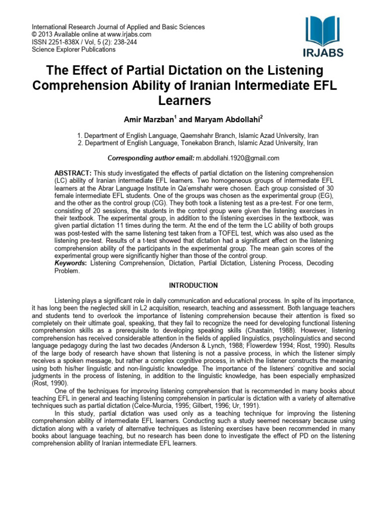Impact of Partial Dictation on EFL Listening | PDF | Student's T Test ...