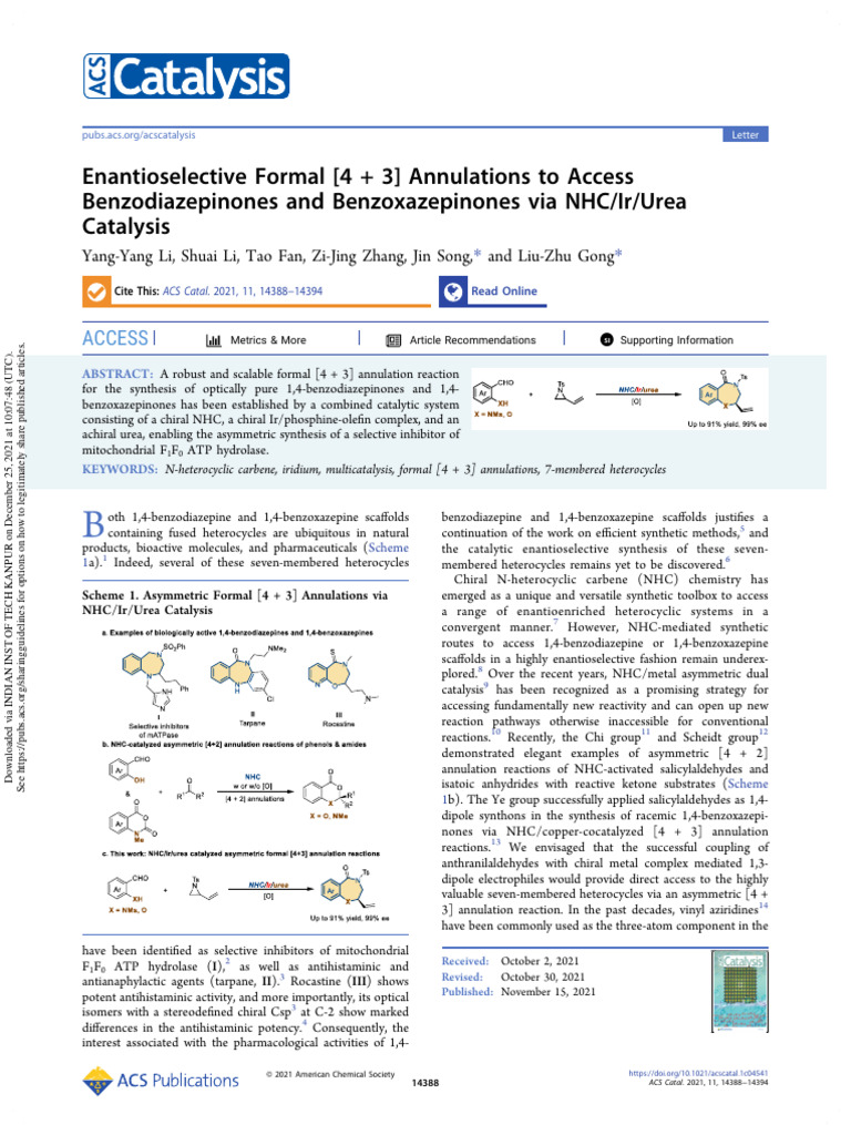 Enantioselective Formal (4 + 3) Annulations To Access Benzodiazepinones and Benzoxazepinones Via ...