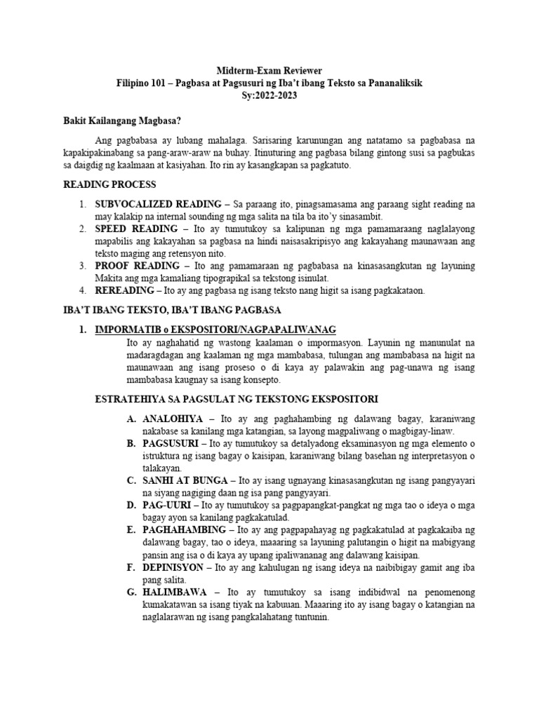 FIL 101 Midterm Reviewer | PDF