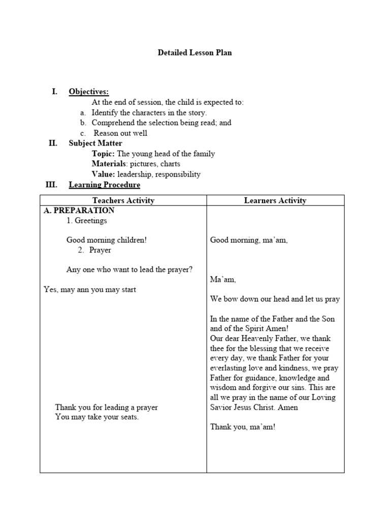 Detailed Lesson Plan For English Demo | PDF | Prayer | Lesson Plan