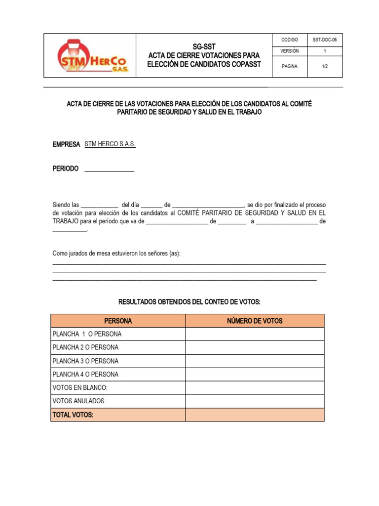 SST-DOC-06 Acta Cierre Votaciones para Elección Candidatos COPASST. | PDF