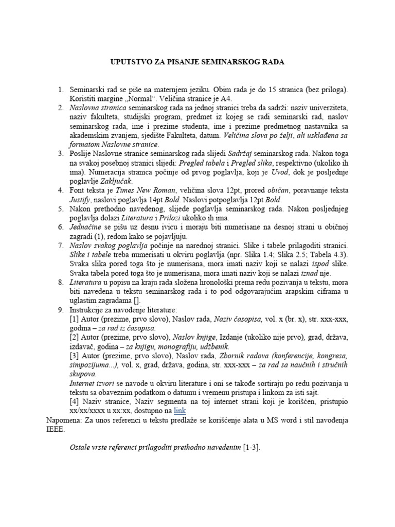 Uputstvo Za Izradu Seminarskog Rada | PDF