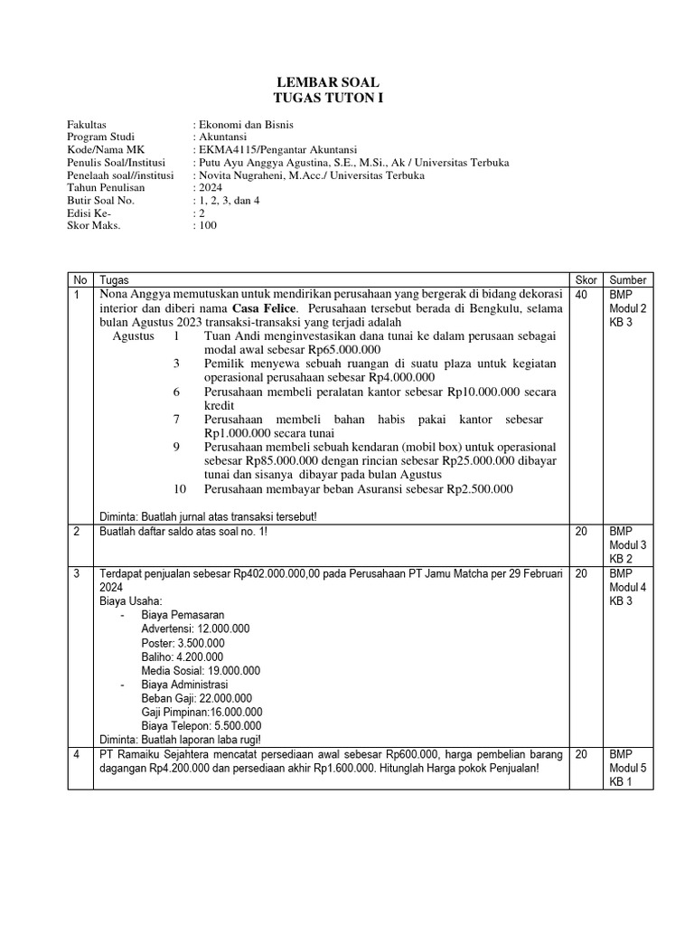 Soal Tugas 1 Pengantar Akuntansi | PDF | Bisnis | Pengelolaan Keuangan & Uang