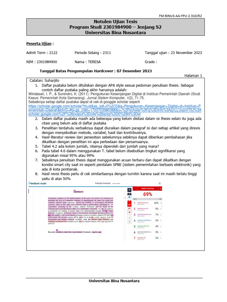 Notulen Ujian Tesis S2 Universitas Bina Nusantara | PDF
