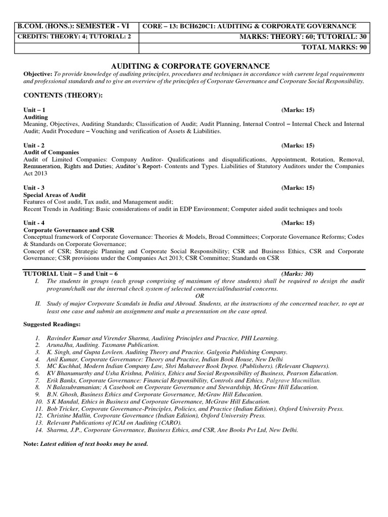 Auditing & Corporate Governance: Marks: Theory: 60 Tutorial: 30 Total Marks: 90 | Download Free ...