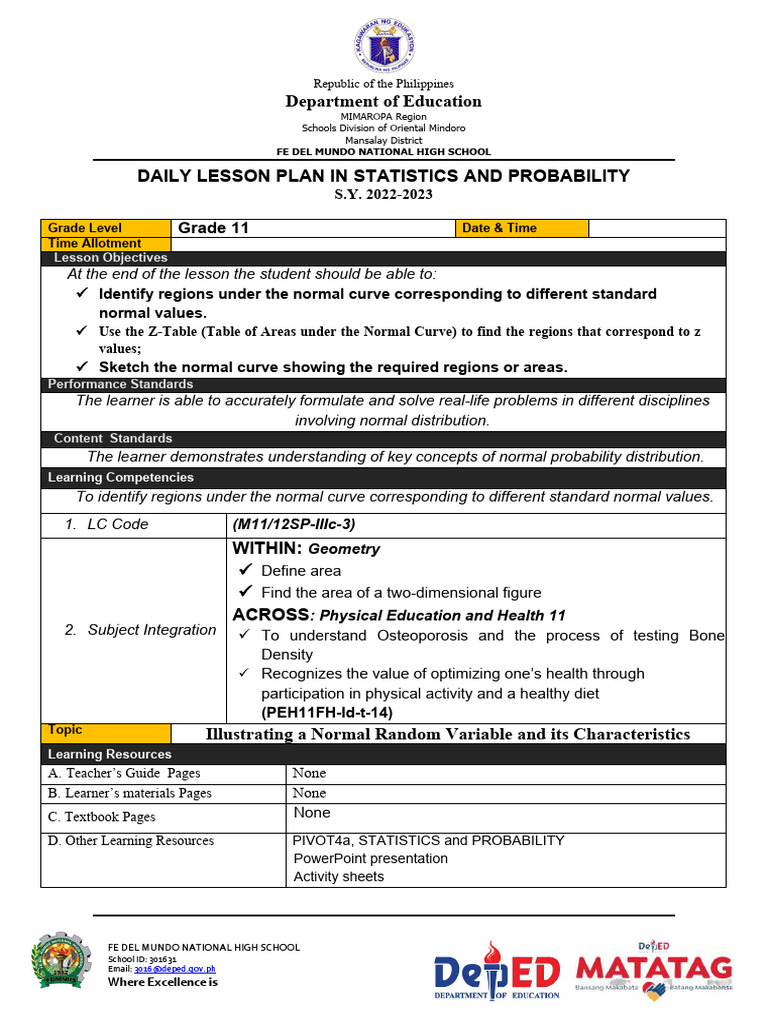 Daily Lesson Plan in Statistics and Probability | PDF | Osteoporosis ...