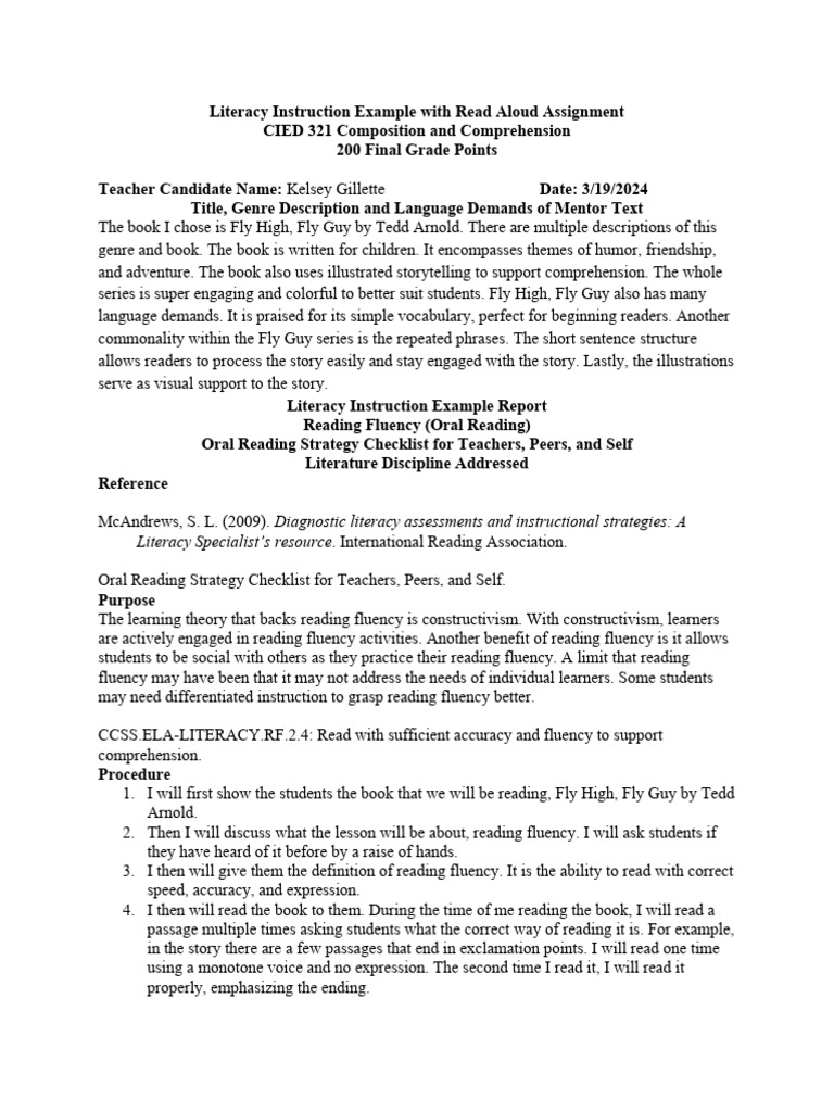 Literacy Instruction With Read Aloud Assignment | PDF | Reading ...