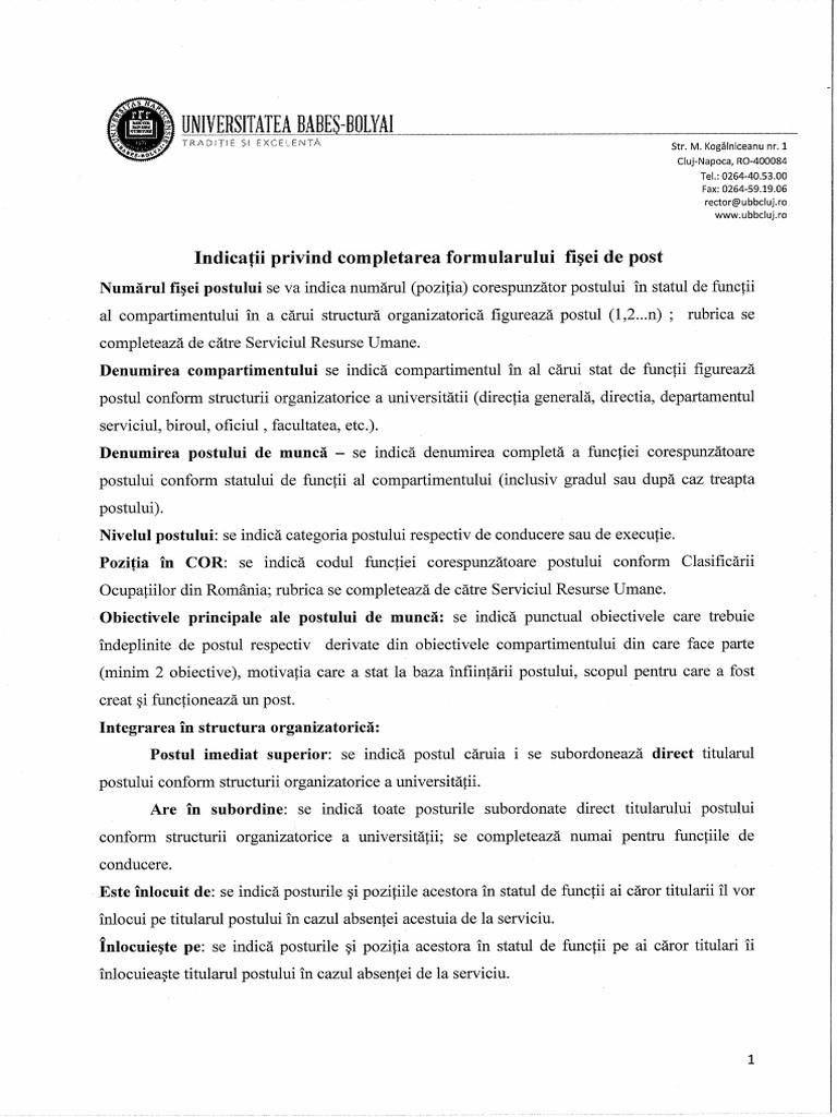 Fisa Postului Indicatii - Privind - Completarea | PDF