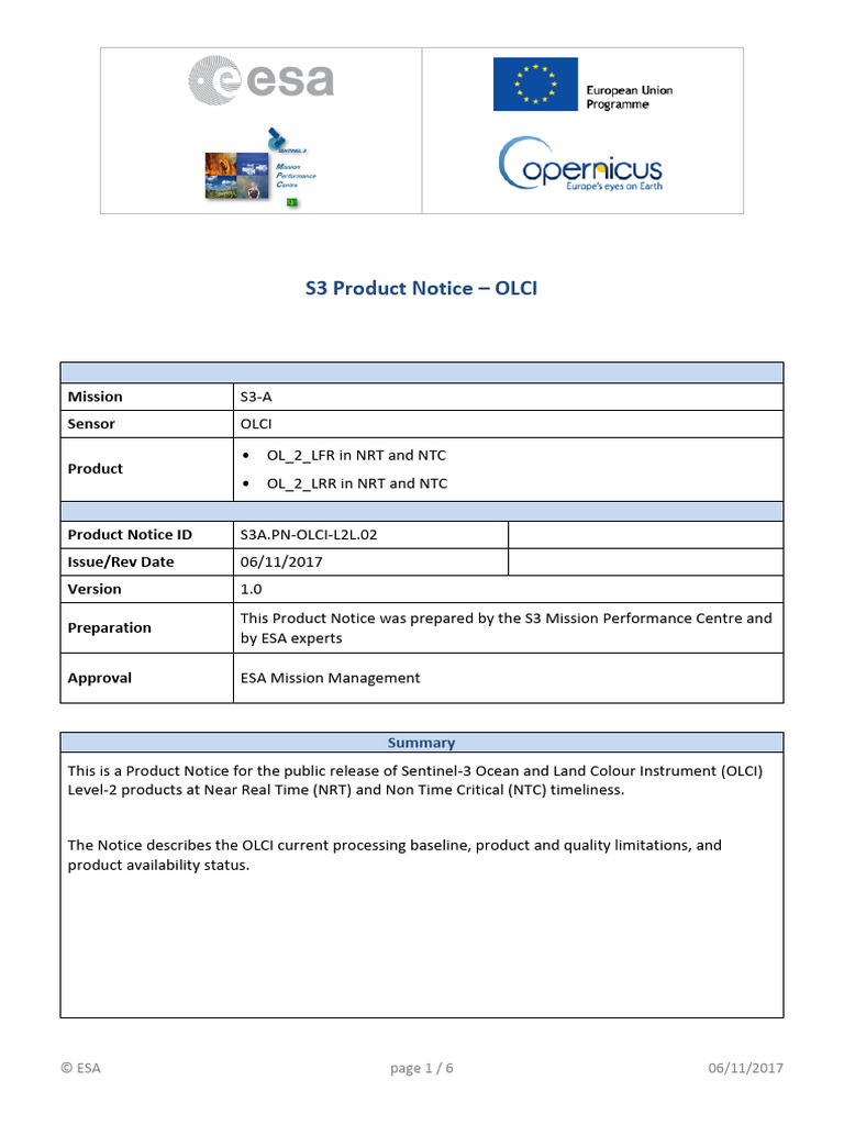 Sentinel 3 OLCI Product Notice Level 2 Land | PDF | Metrology