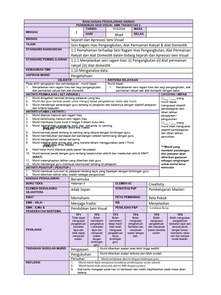 RPH Minggu 1 SMK PSV Tingkatan 2 2024-2025 by Cikgu Gorgeous | PDF
