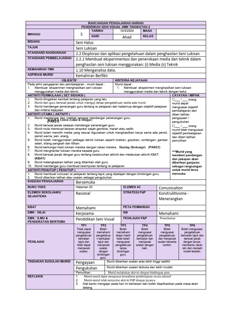 RPH Minggu 5 SMK PSV Tingkatan 2 2024-2025 by Cikgu Gorgeous | PDF