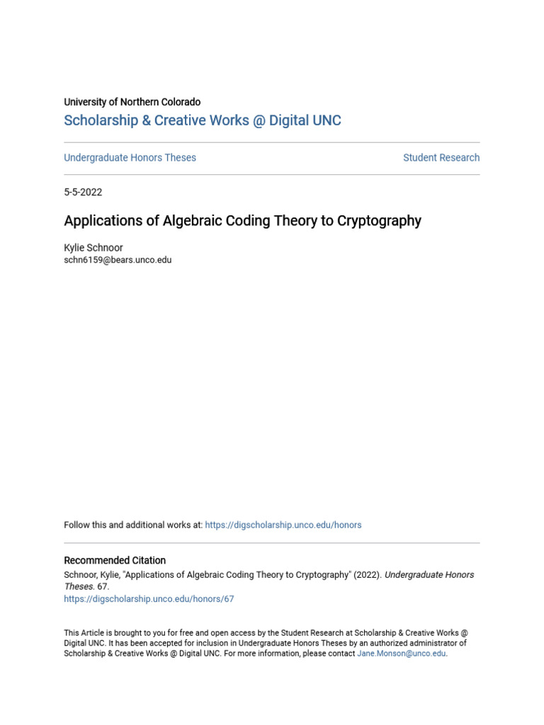 Applications of Algebraic Coding Theory To Cryptography | PDF | Cryptography | Encryption