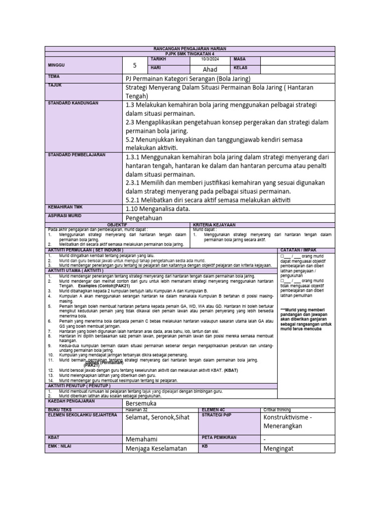 RPH SMK MINGGU 5 PJPK TINGKATAN 4 2024 2025 BY CIKGU GORGEOUS | PDF