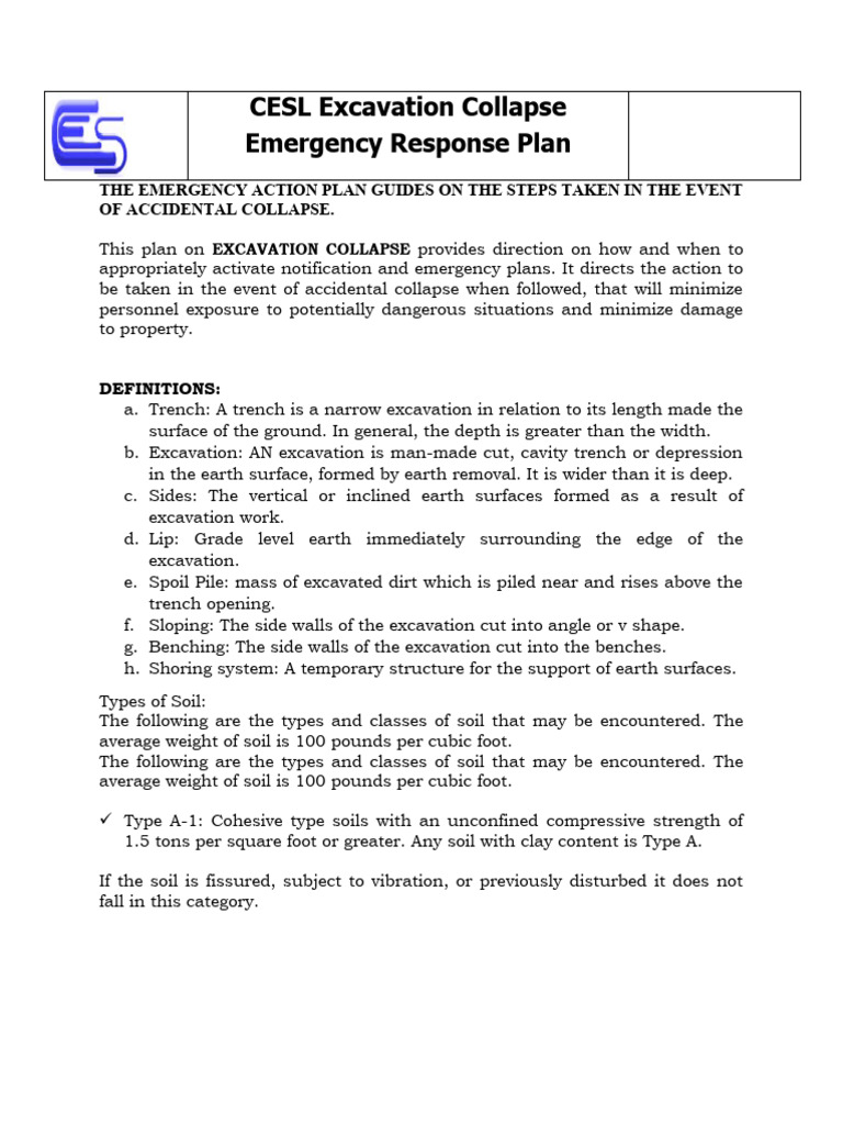 Excavation and Trenching Emergency Response Plan | PDF | Emergency ...