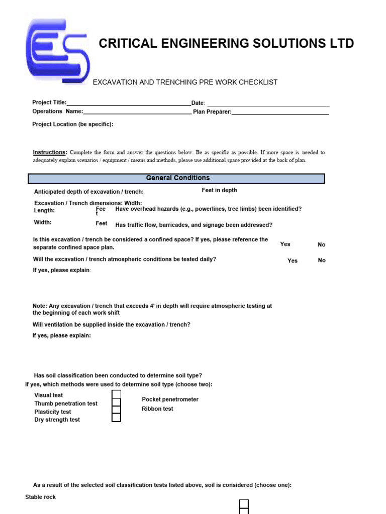 CESL Excavation and Trenching Checklist | PDF | Trench | Earth Sciences
