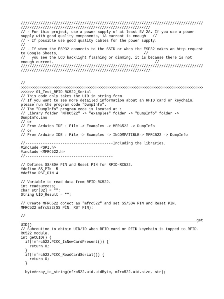 ESP32 RFID-RC522 Google Sheets Simple Attendance System (Arduino Code) | PDF | String (Computer ...