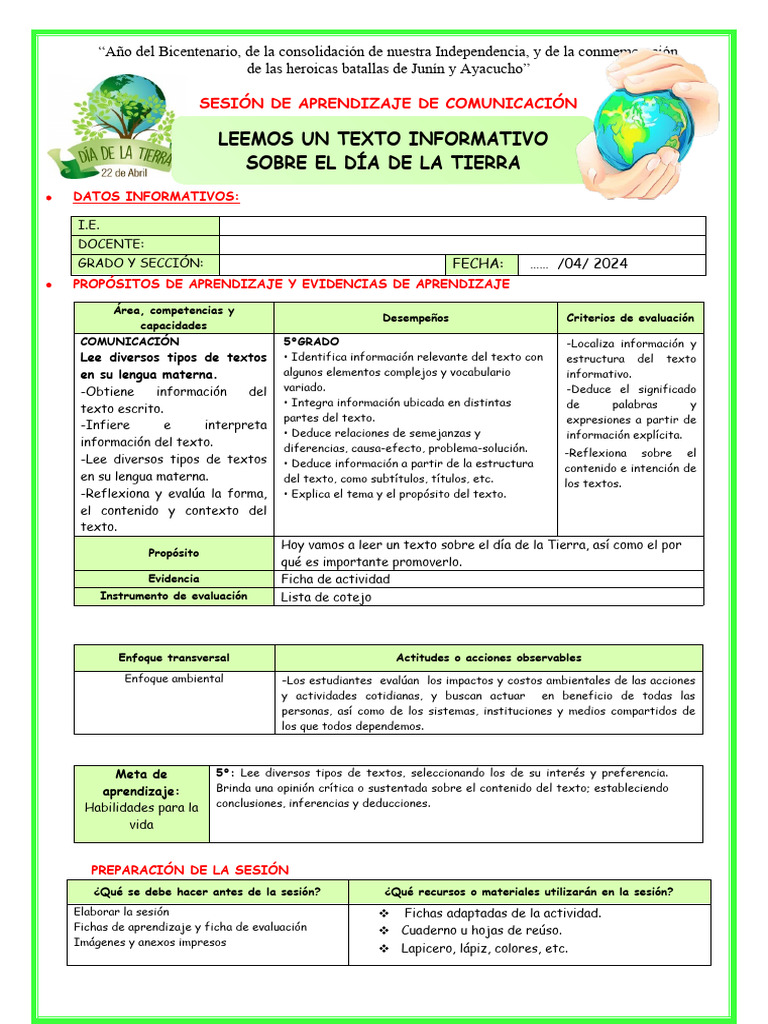 Ses-Juev-Fecha Cívica-Leemos Sobre El Día de La Tierra | Descargar ...