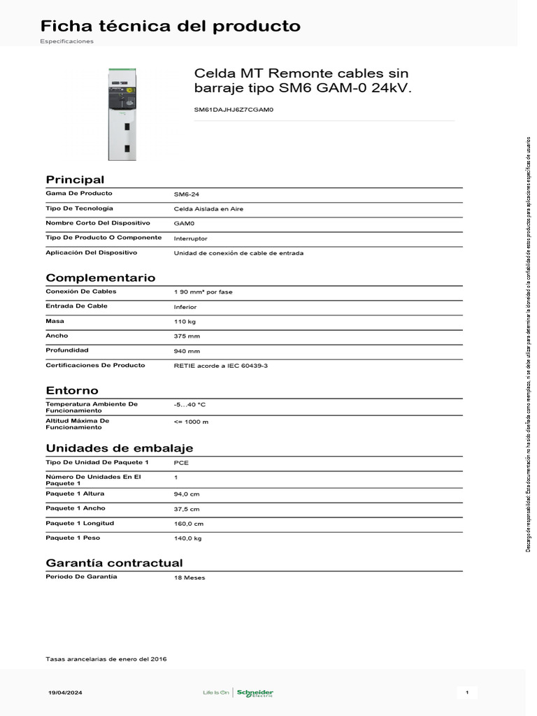 Celda MT SM6 GAM-0 24kV: Especificaciones | PDF | Ingenieria Eléctrica
